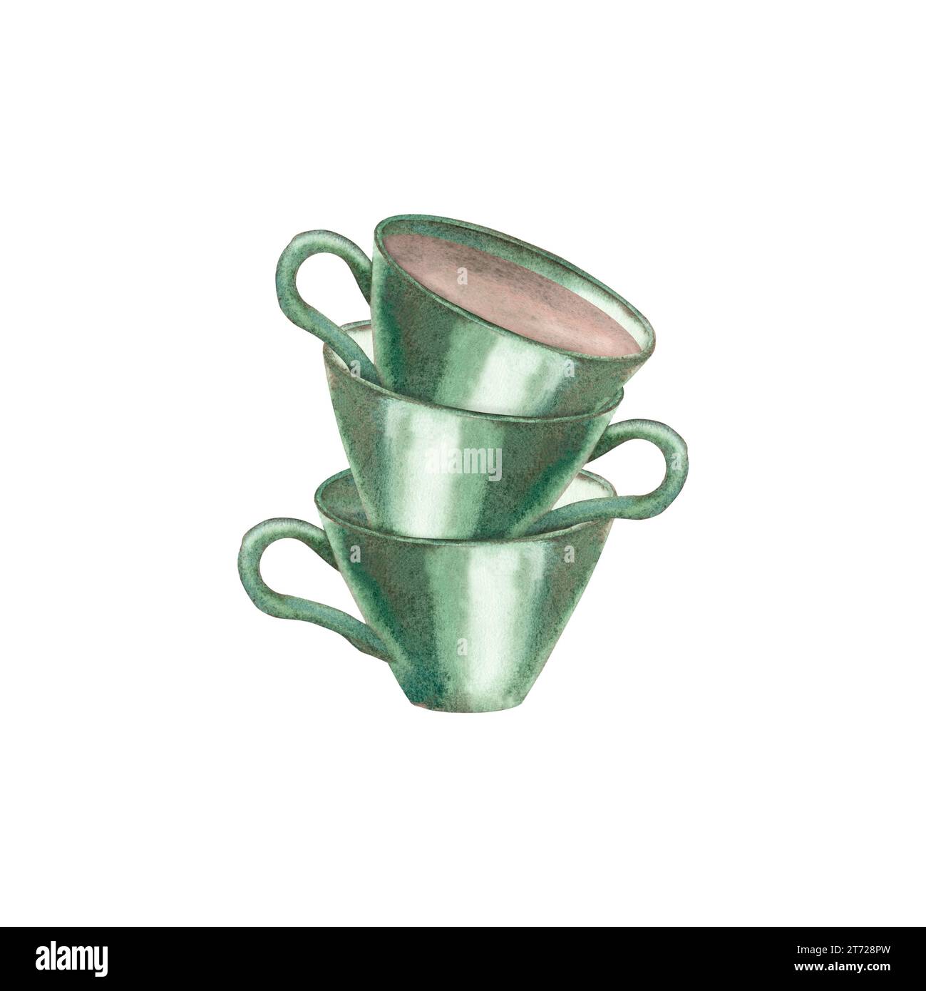 A set of dishes, cups for hot drinks of green color. A stack of three ...