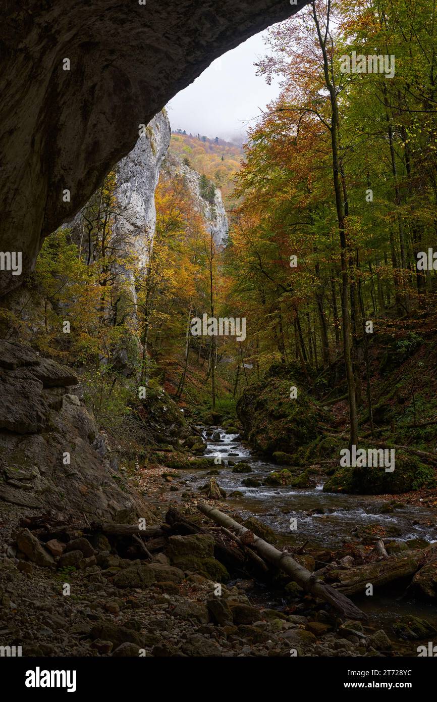 Vibrant autumnal landscape of a large cave entrance with a river ...