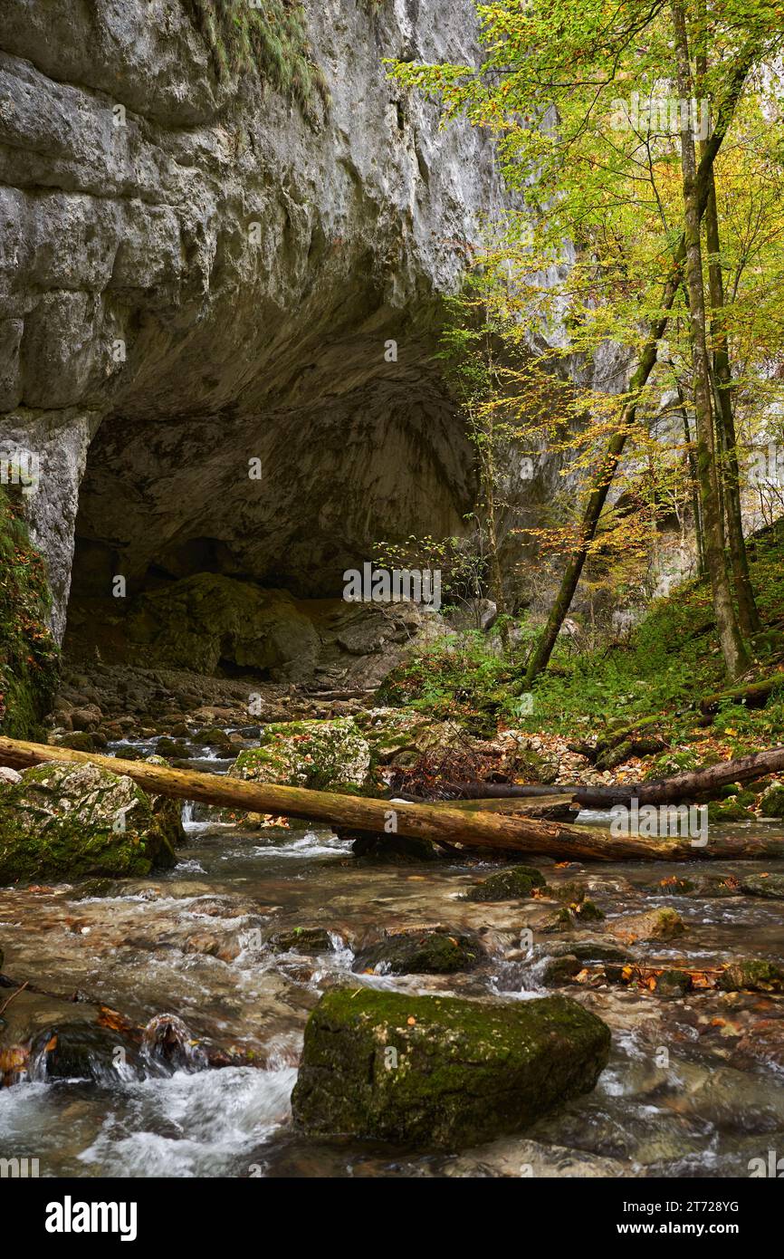 Vibrant autumnal landscape of a large cave entrance with a river ...