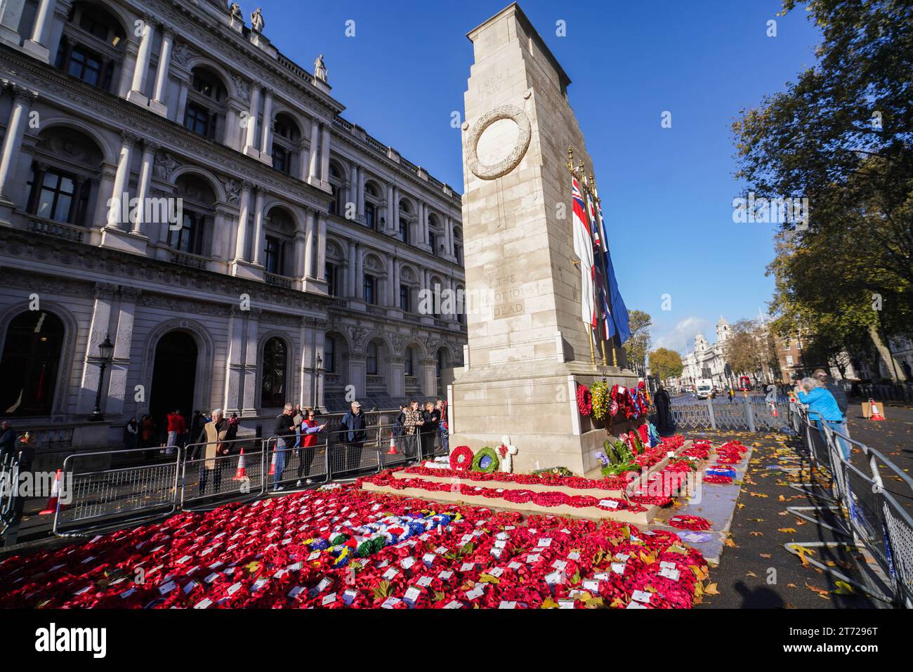 London, UK. 13 November 2023. Memorial wreaths surround the Cenotaph ...