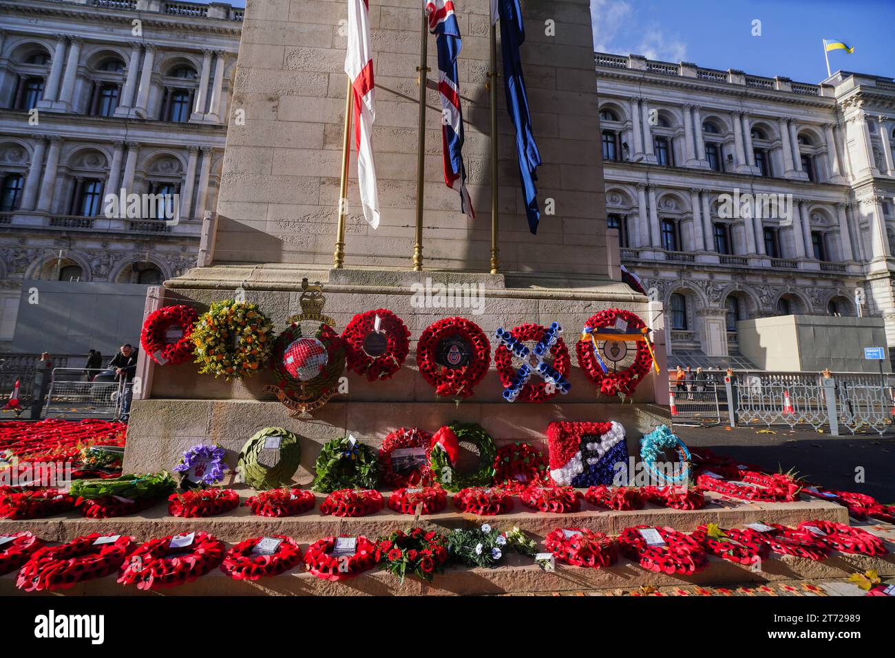 London, UK. 13 November 2023. Memorial wreaths surround the Cenotaph ...