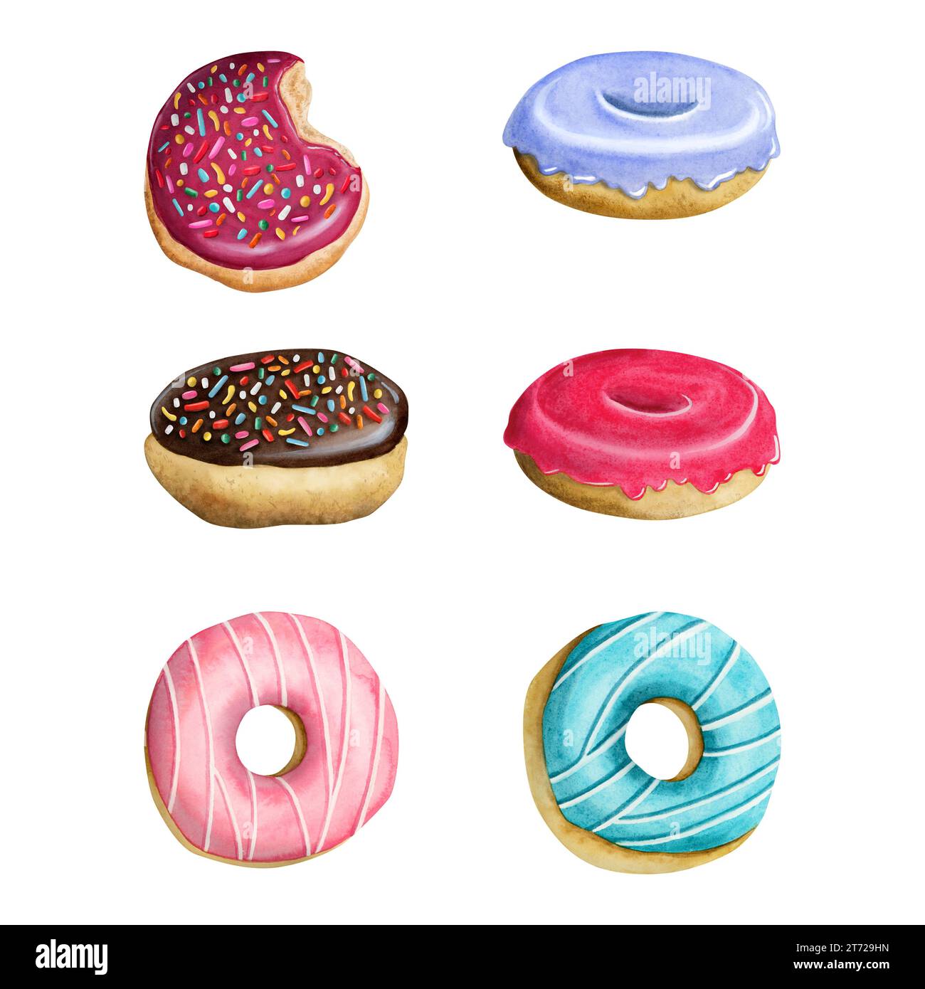 Glazed donuts of different colors watercolor illustration set ...