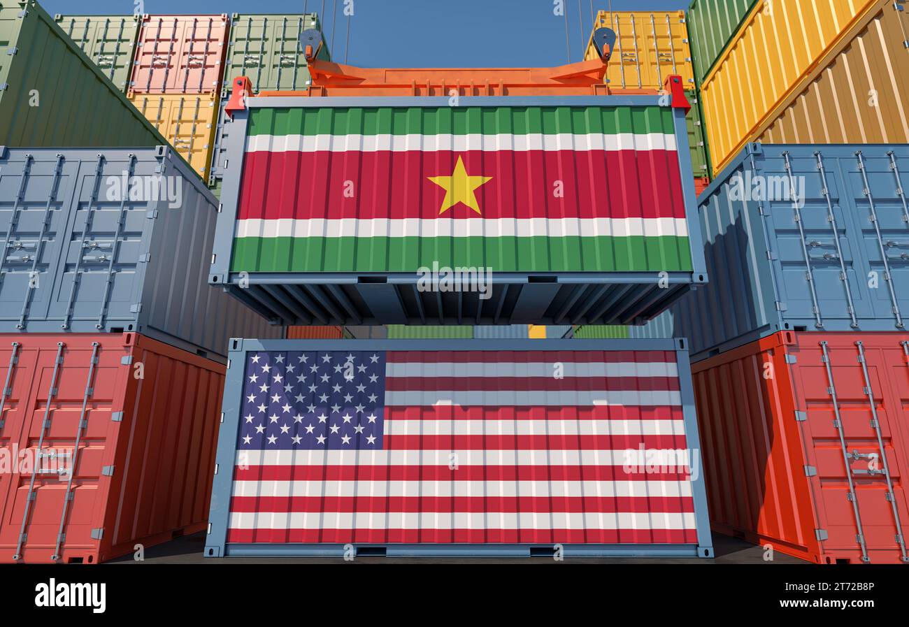 Cargo containers with Suriname and USA national flags. 3D Rendering ...