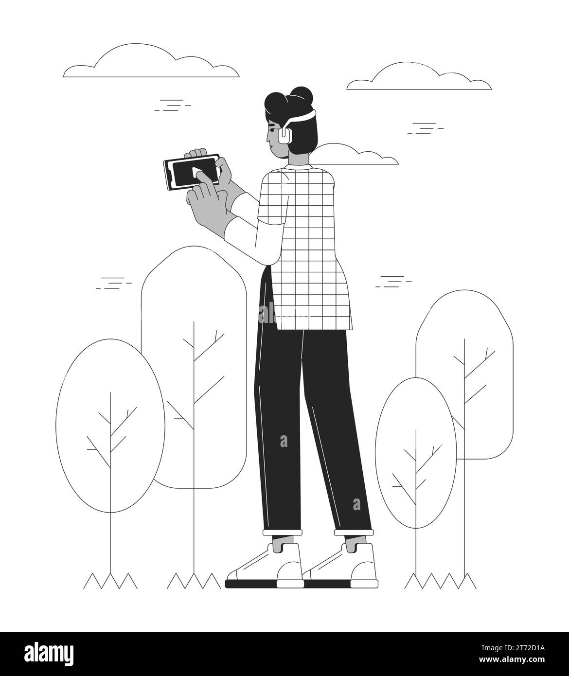 Using music streaming service black and white cartoon flat illustration ...