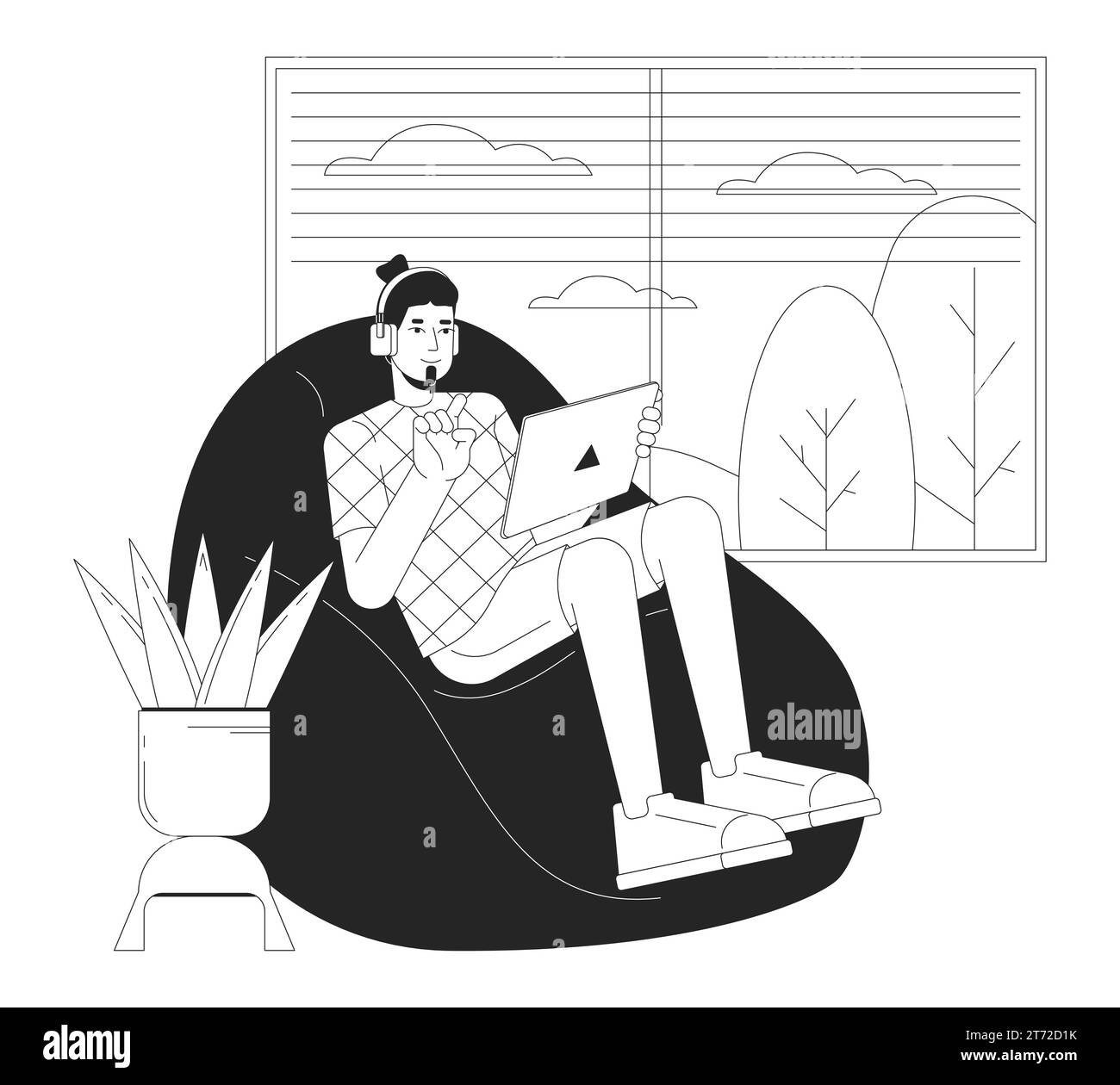 Using online streaming platform on tablet black and white cartoon flat ...