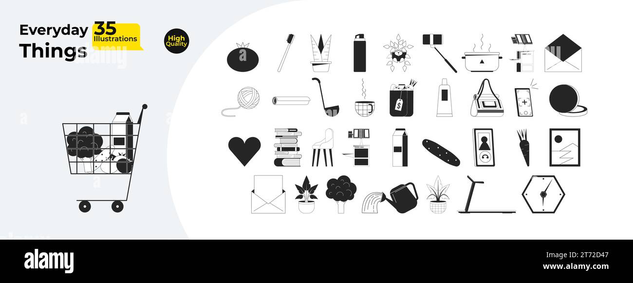 Domestic daily black and white 2D line cartoon objects bundle Stock ...