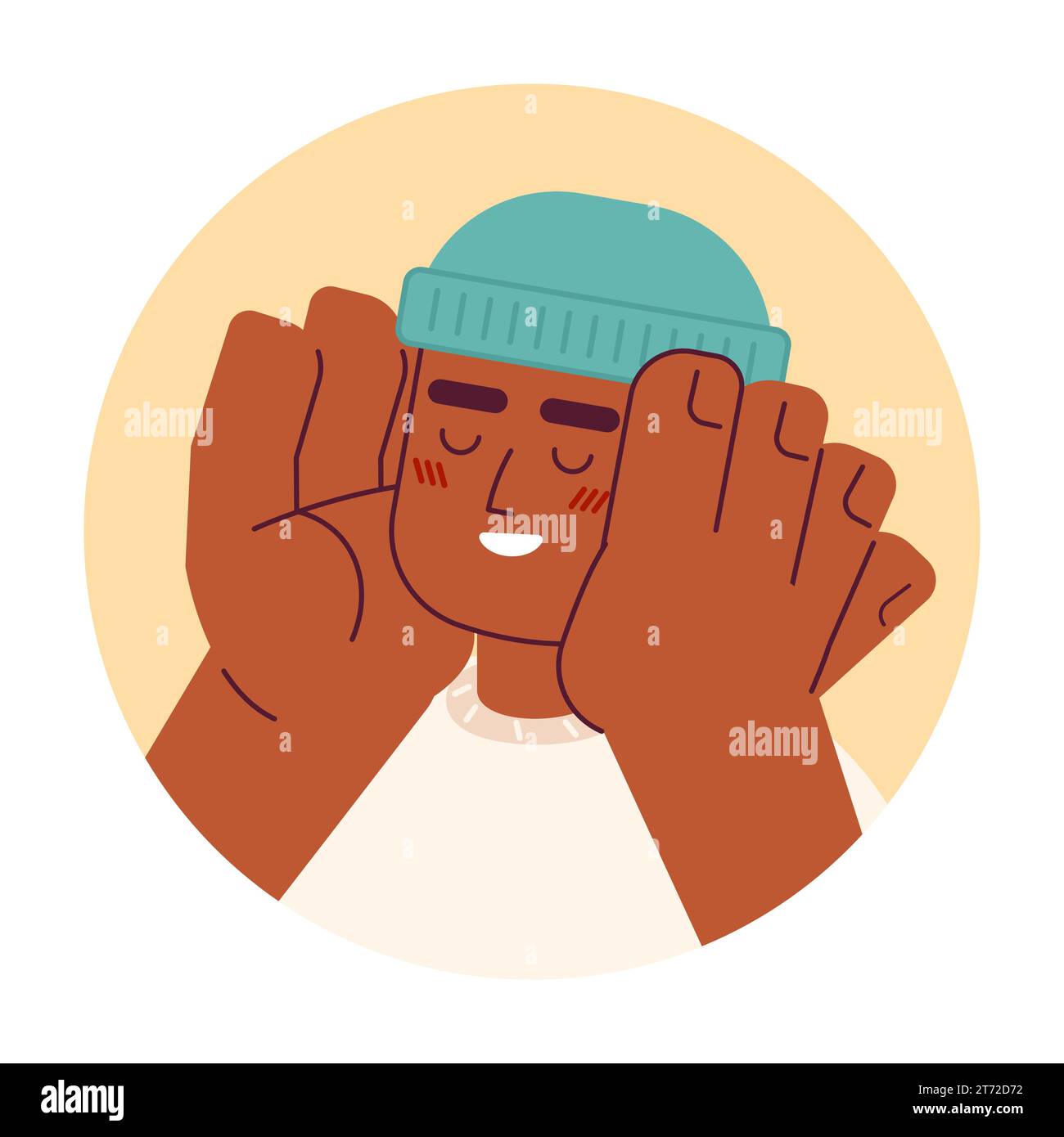 Brimless hat black man smiling hands on face 2D vector avatar ...