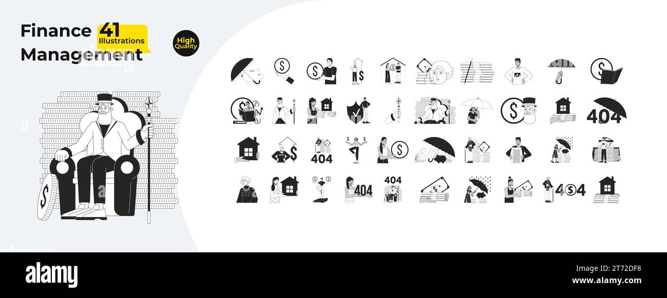Finance management black and white 2D illustration concepts bundle ...