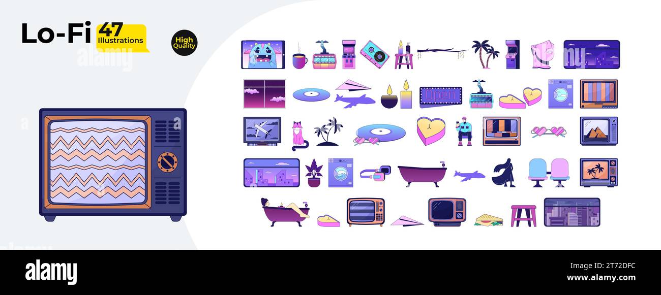 Retro 80s 2D linear cartoon lofi objects bundle Stock Vector Image ...