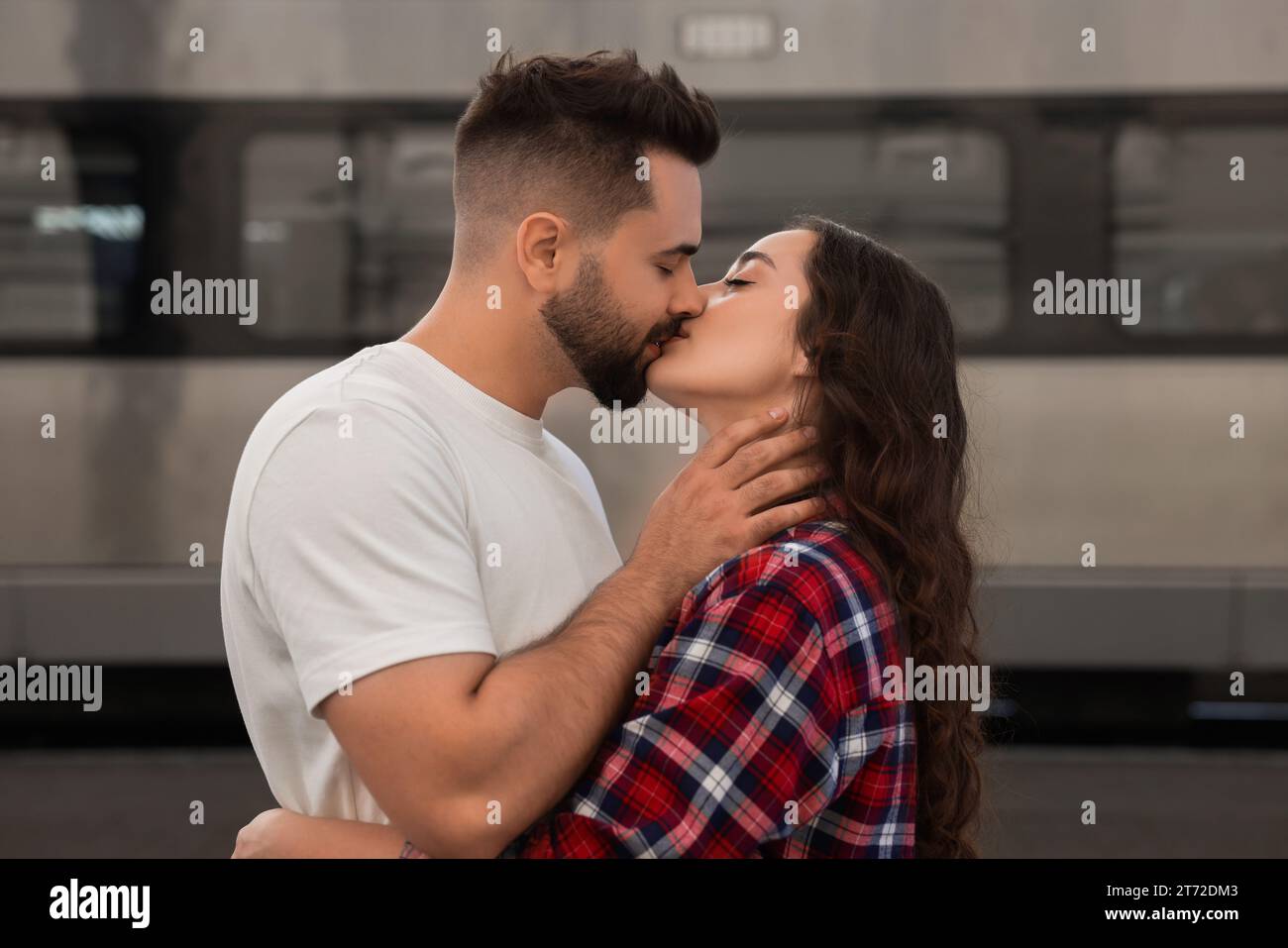 Long Distance Relationship Beautiful Couple Kissing On Platform Of