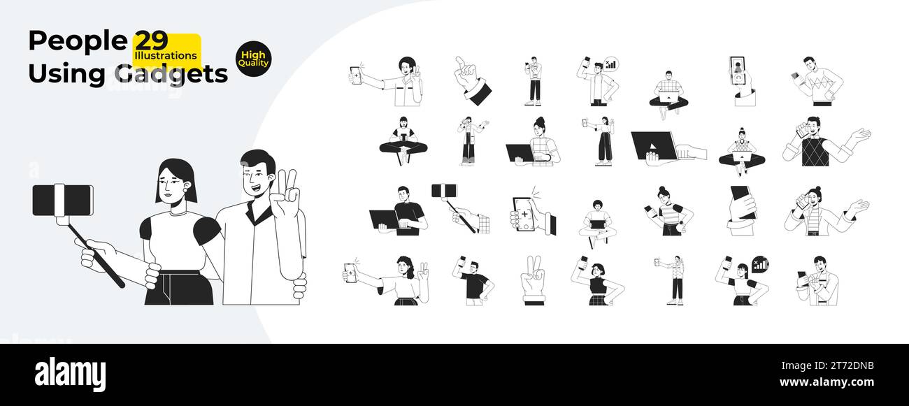 Diverse people using gadgets black and white cartoon flat illustration ...
