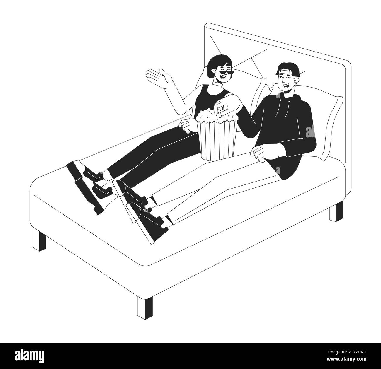 Movie date night at home black and white cartoon flat illustration ...
