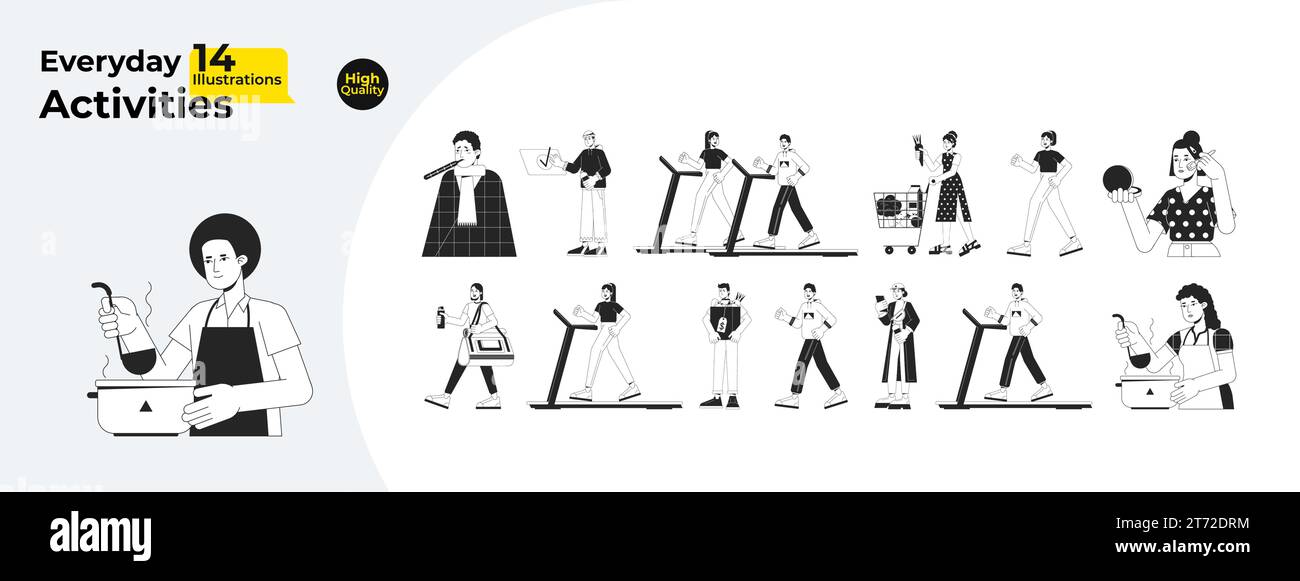 Daily routine black and white cartoon flat illustration bundle Stock ...