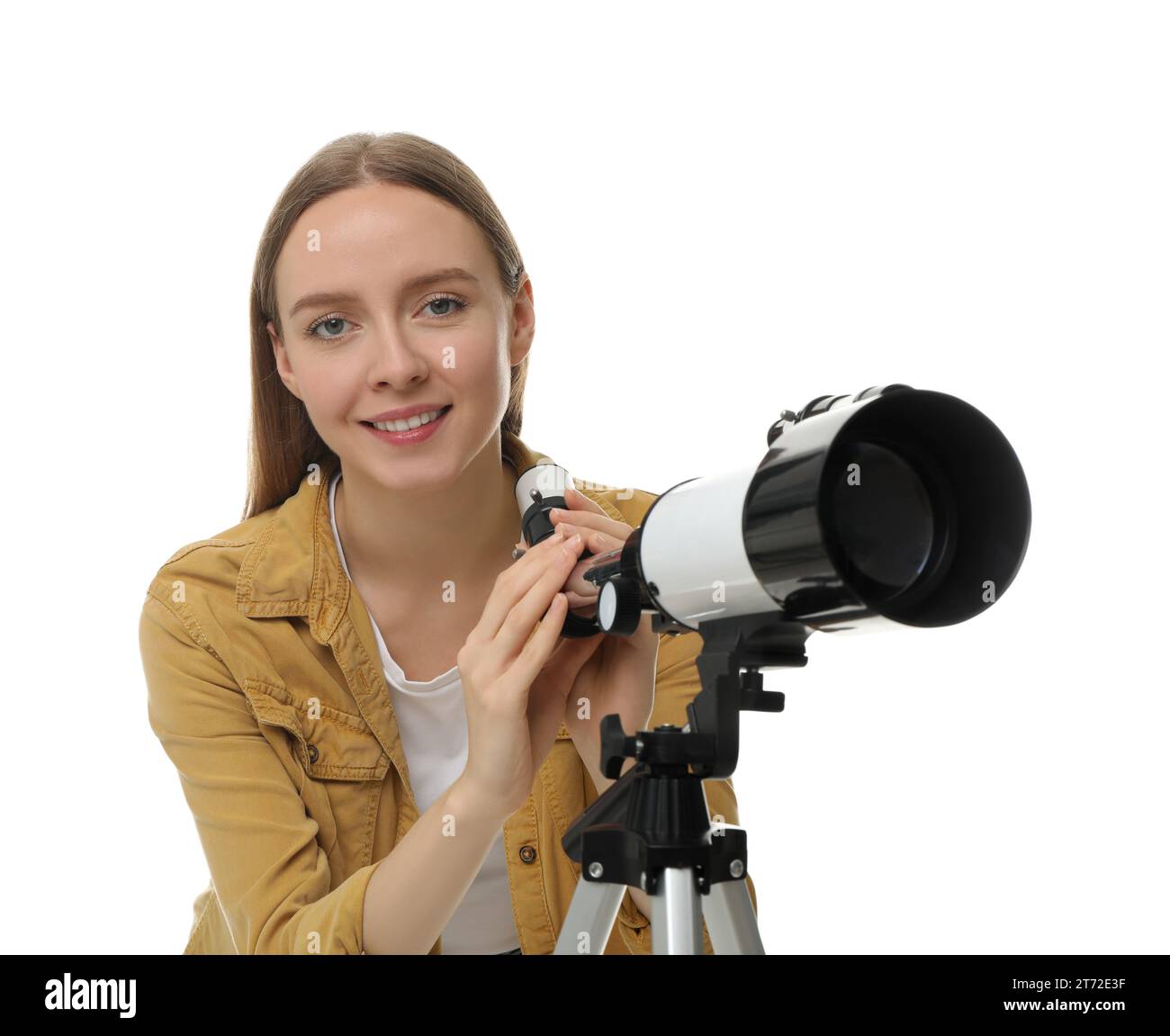 Happy astronomer with telescope on white background Stock Photo - Alamy