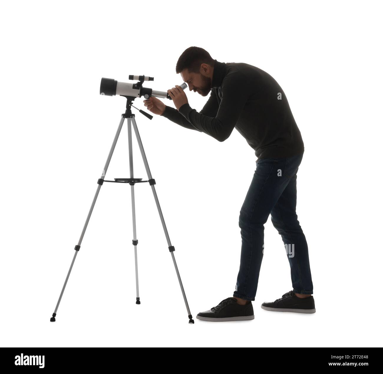 Astronomer looking at stars through telescope on white background Stock ...