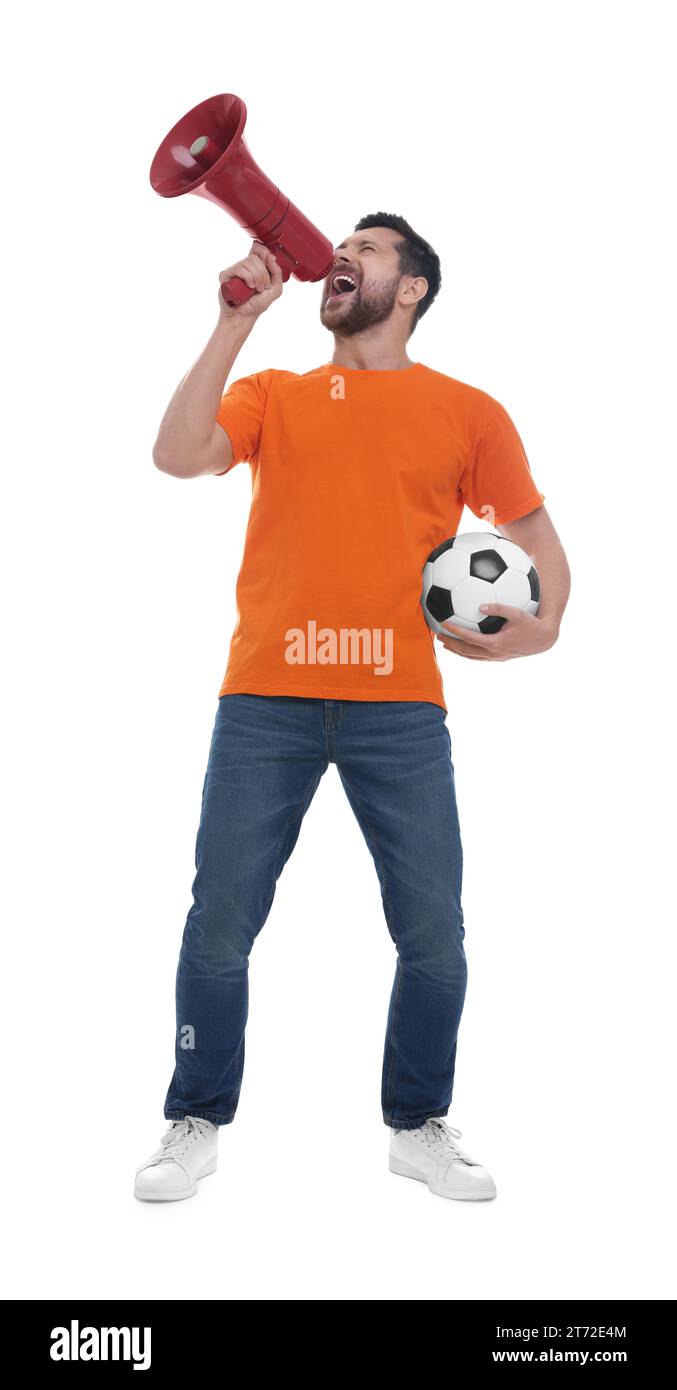 Emotional sports fan with ball and megaphone celebrating on white ...