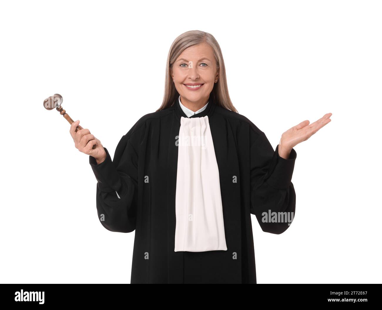 Smiling senior judge with gavel on white background Stock Photo - Alamy