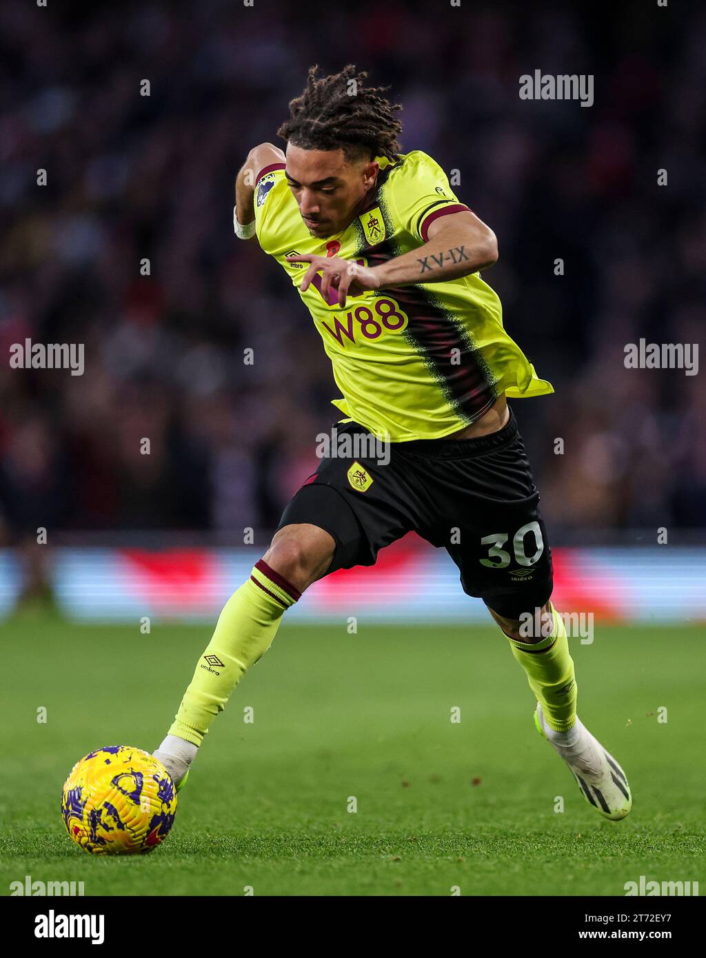 Burnley’s Luca Koleosho in action during the Premier League match at ...
