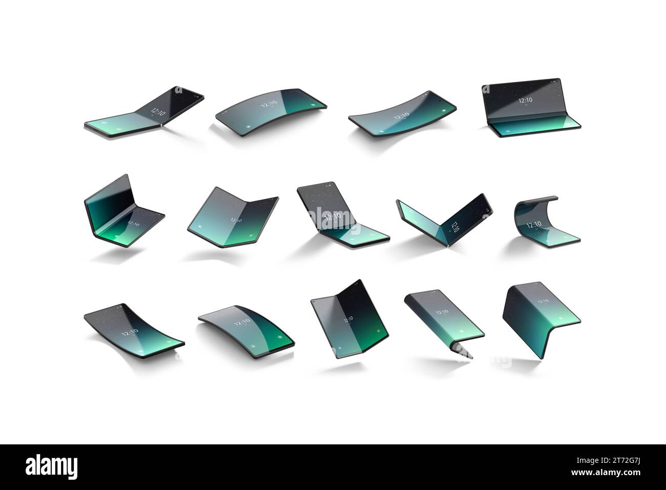 Blank black flexible flip phone display opened mockup, different types ...