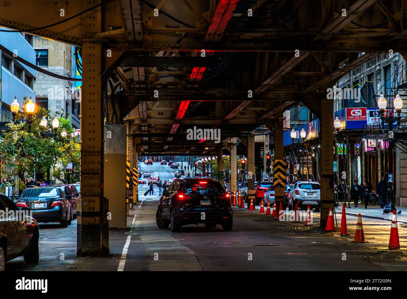 Elevated train viaduct in the street canyons of Chicago. The Chicago ...