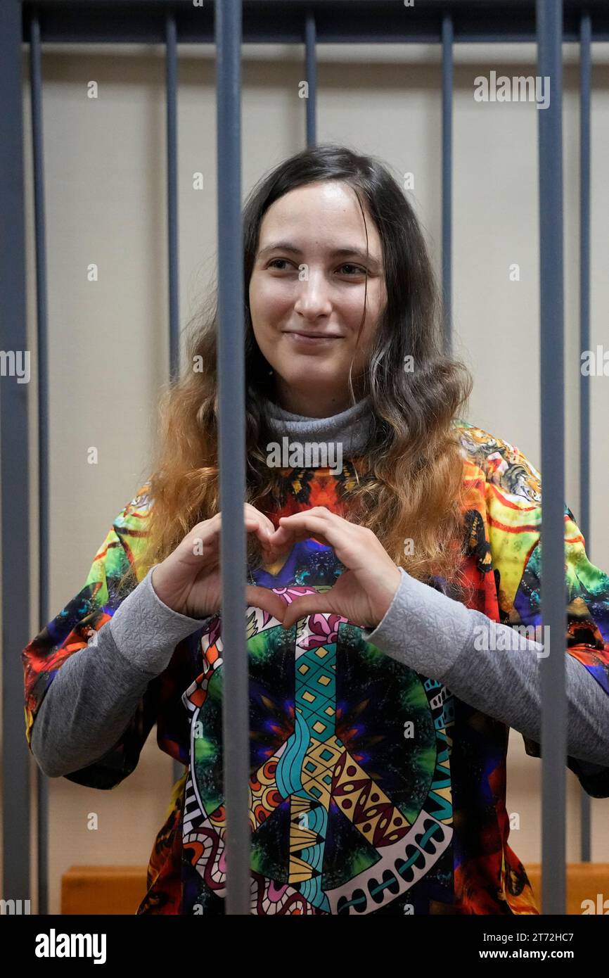 Sasha Skochilenko, a 33 year-old artist and musician shows a heart ...