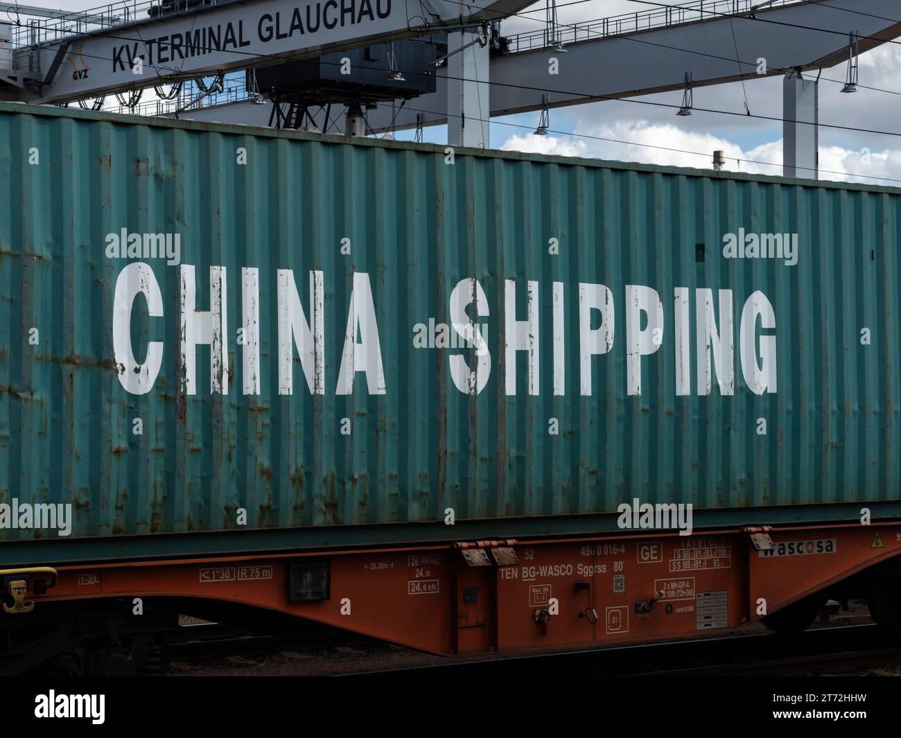 China Shipping container on a cargo train. The company and owner is the ...