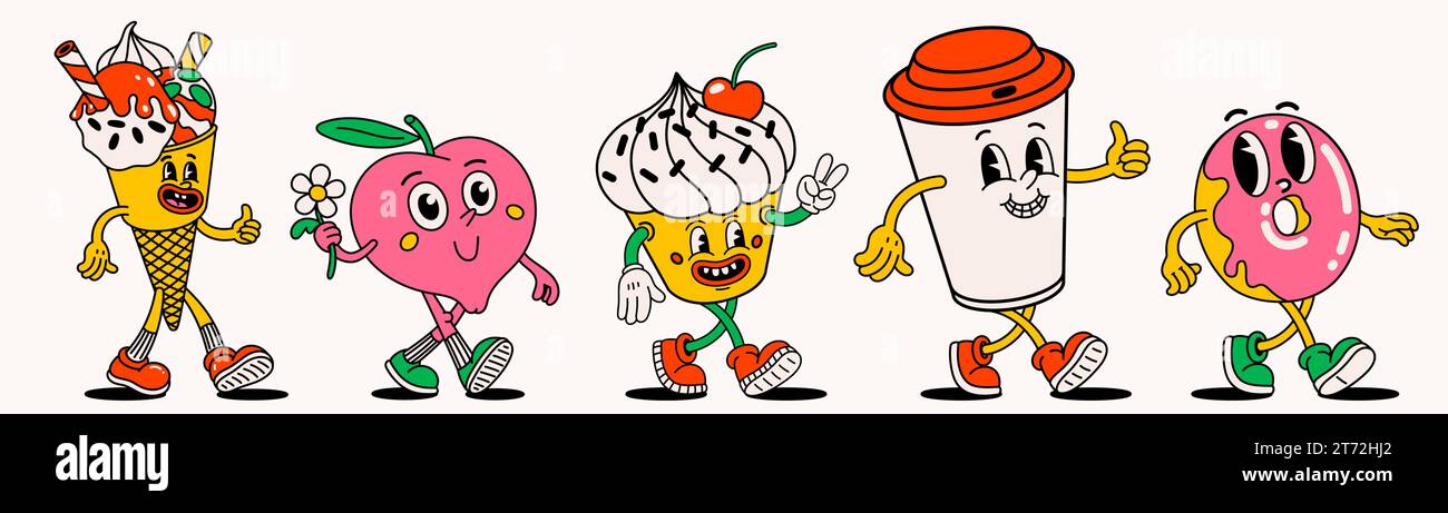Retro style Funny cartoon food. Groovy vintage 70s coffee cup, donut ...