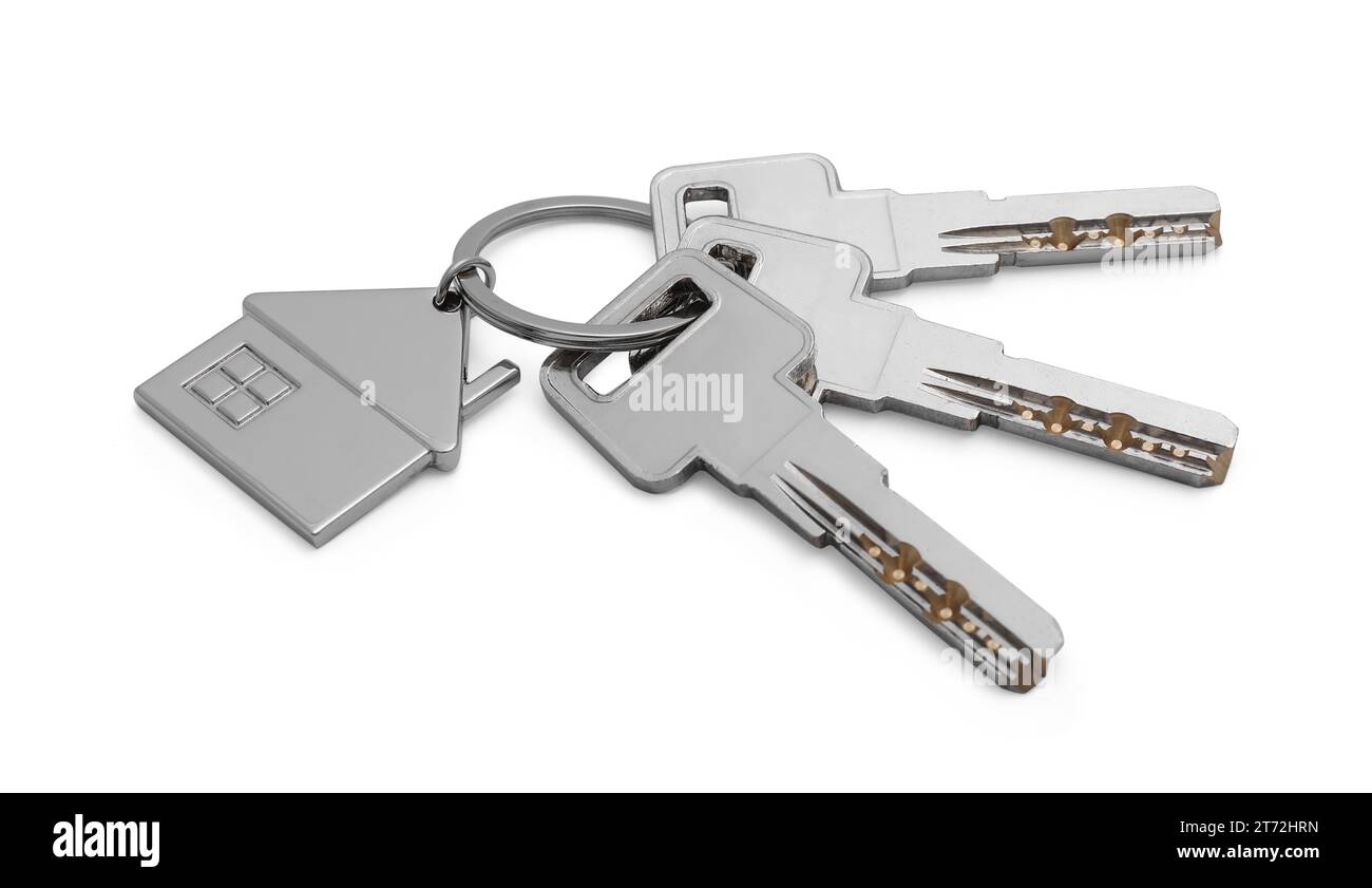 Keys with keychain in shape of house isolated on white Stock Photo - Alamy