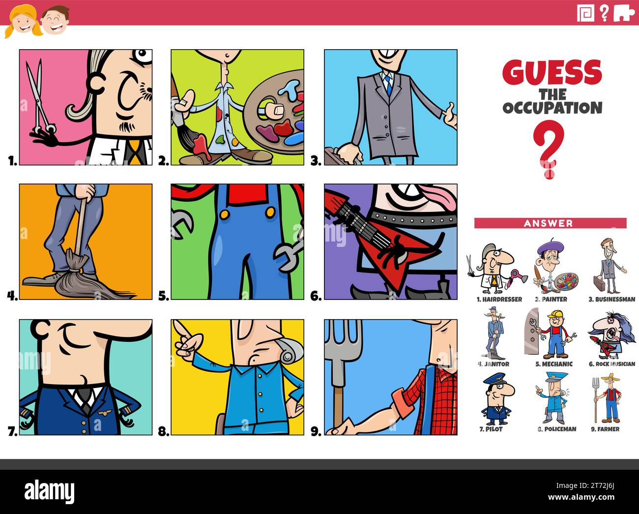 Cartoon illustration of educational activity of guessing the occupation ...