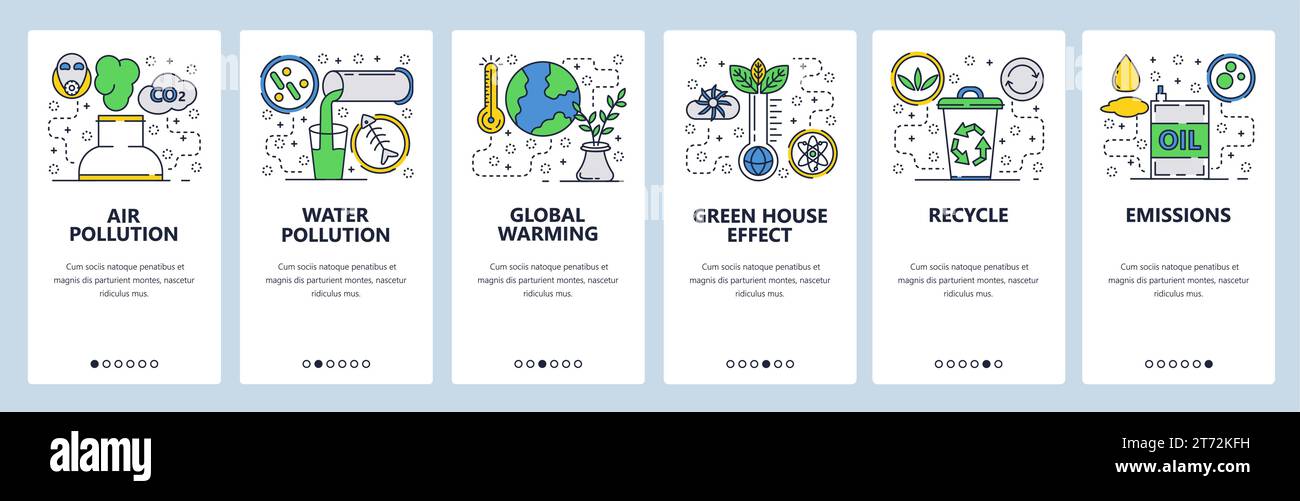 Web site onboarding screens. Global warming, environment pollution and ...