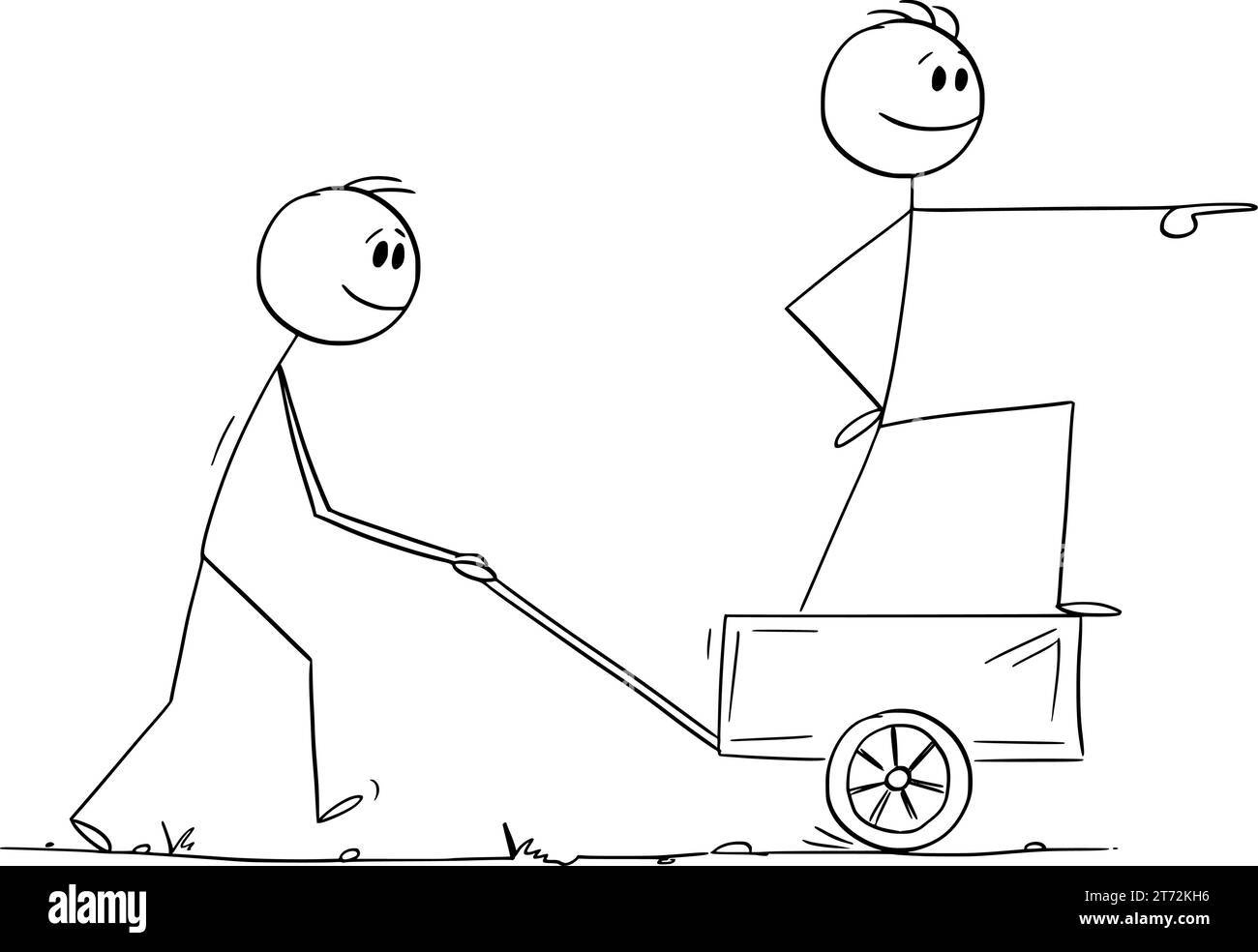 Worker Pushing Boss on Cart, Vector Cartoon Stick Figure Illustration ...