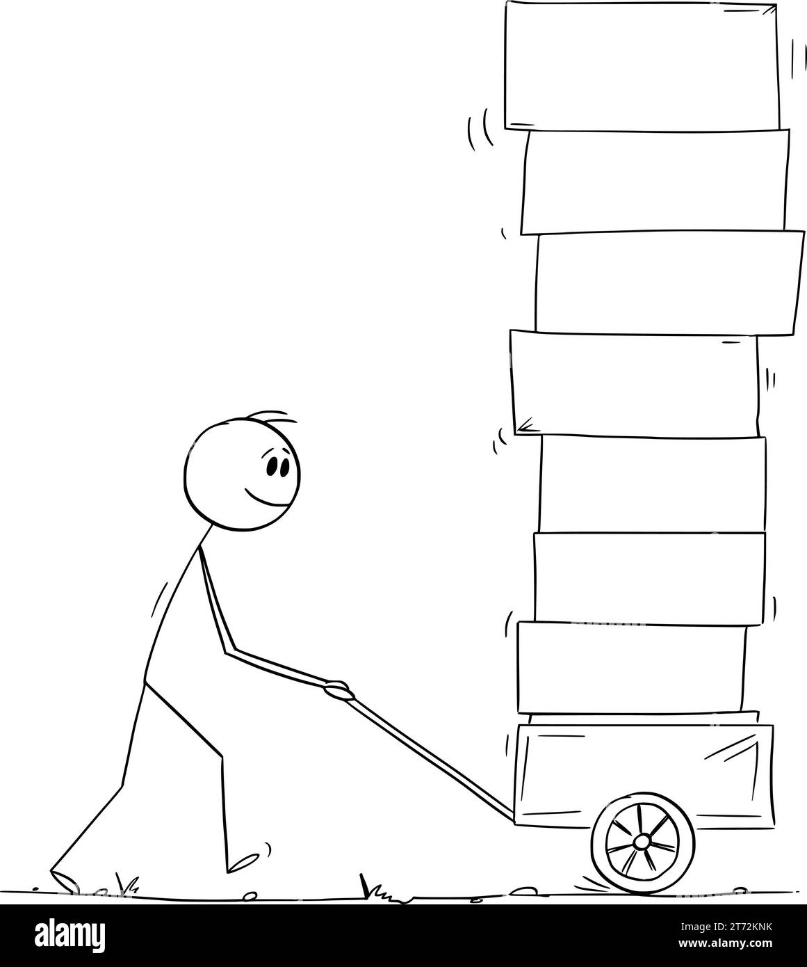 Person Pushing Cart with Boxes, Vector Cartoon Stick Figure ...