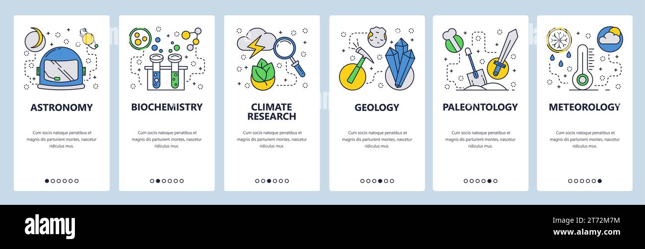 Web site onboarding screens. Science and space exploration. Chemistry ...