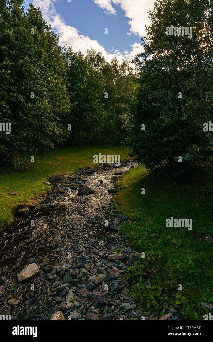 A picturesque landscape featuring a stream running through lush grass ...