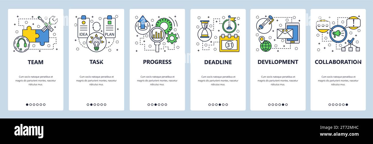 Web site onboarding screens. Task progress and deadline. Menu vector ...