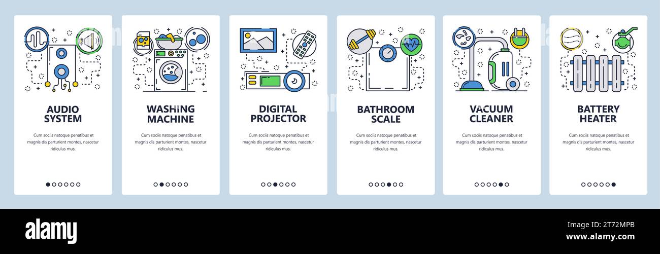 Web site onboarding screens. Home appliances, washing machine, vacuum ...