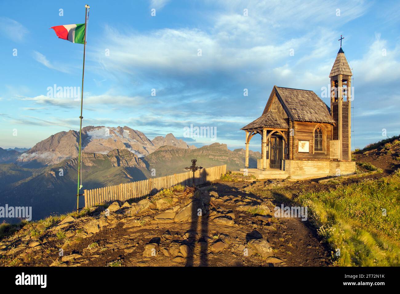 Small wooden church or chapel on the mountain top Col di Lana and Mount ...