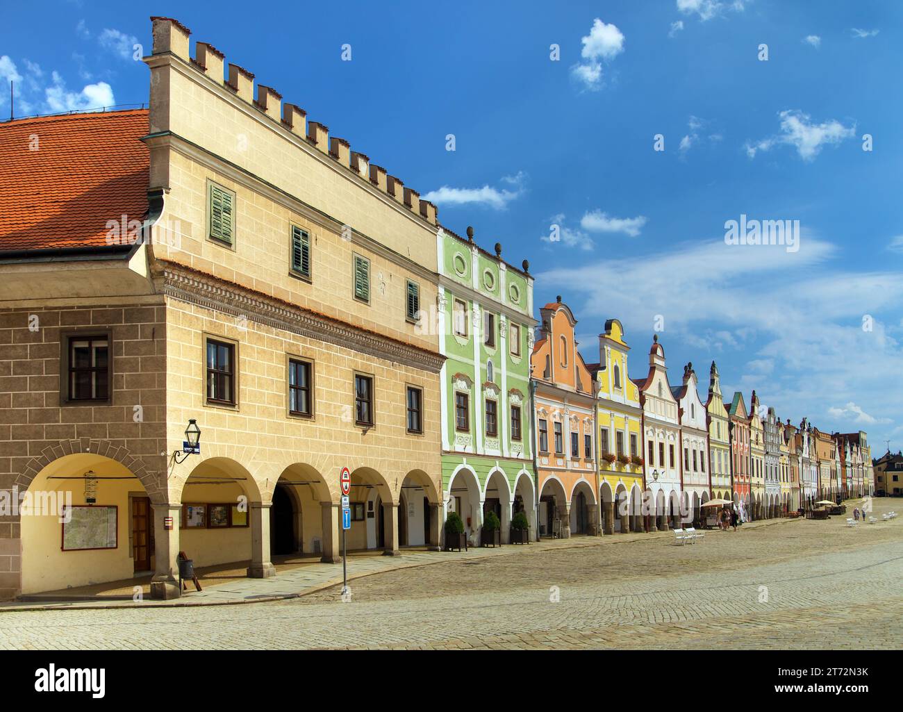 Telc, in local Telč town square with renaissance and baroque colorful ...