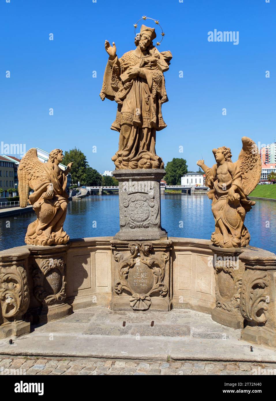 statues on the oldest historic stone bridge in the Pisek town in local ...