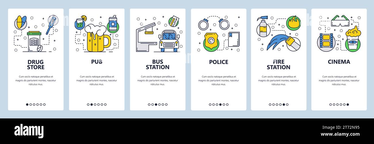 Web site onboarding screens. City services and infrastructure. Menu ...