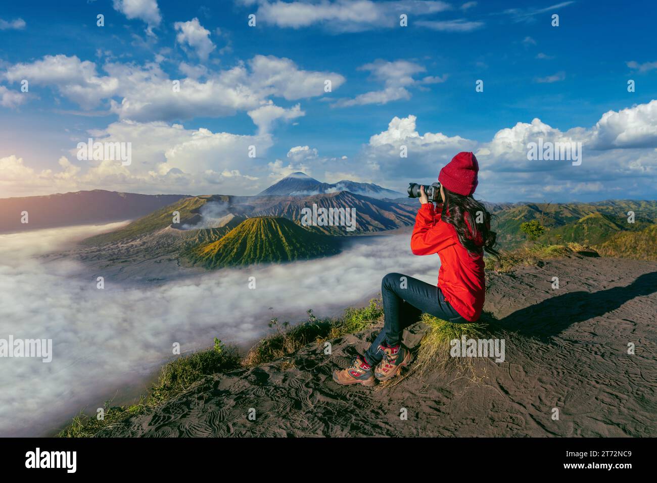 Tourist taking photo at Mount Bromo volcano (Gunung Bromo) in Bromo ...