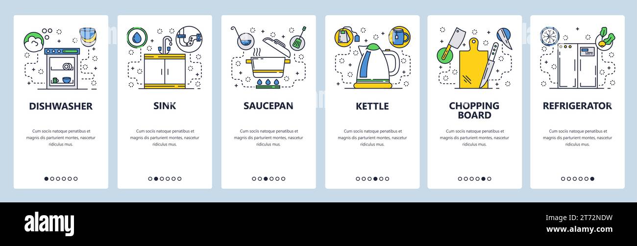 Web site onboarding screens. House kitchen appliances and accessories ...