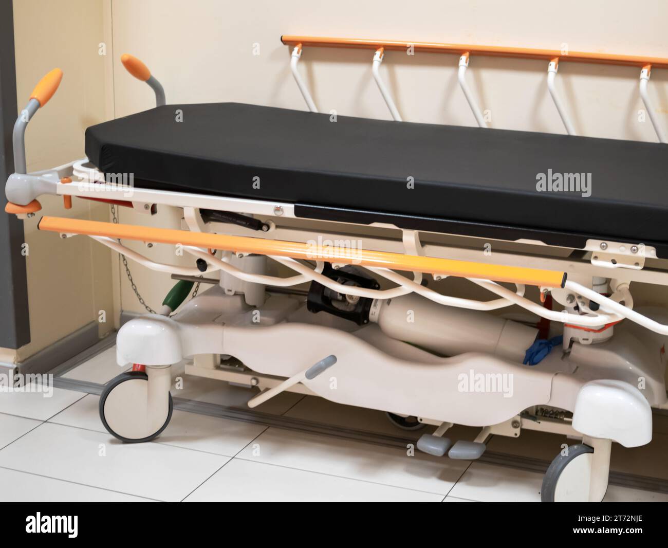 Close up view of Hospital bed or stretcher with background of corridor ...