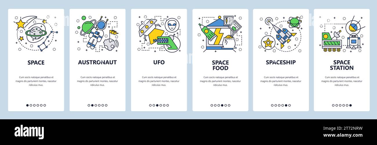 Web site onboarding screens. Outer space, planets, alines, space rocket ...