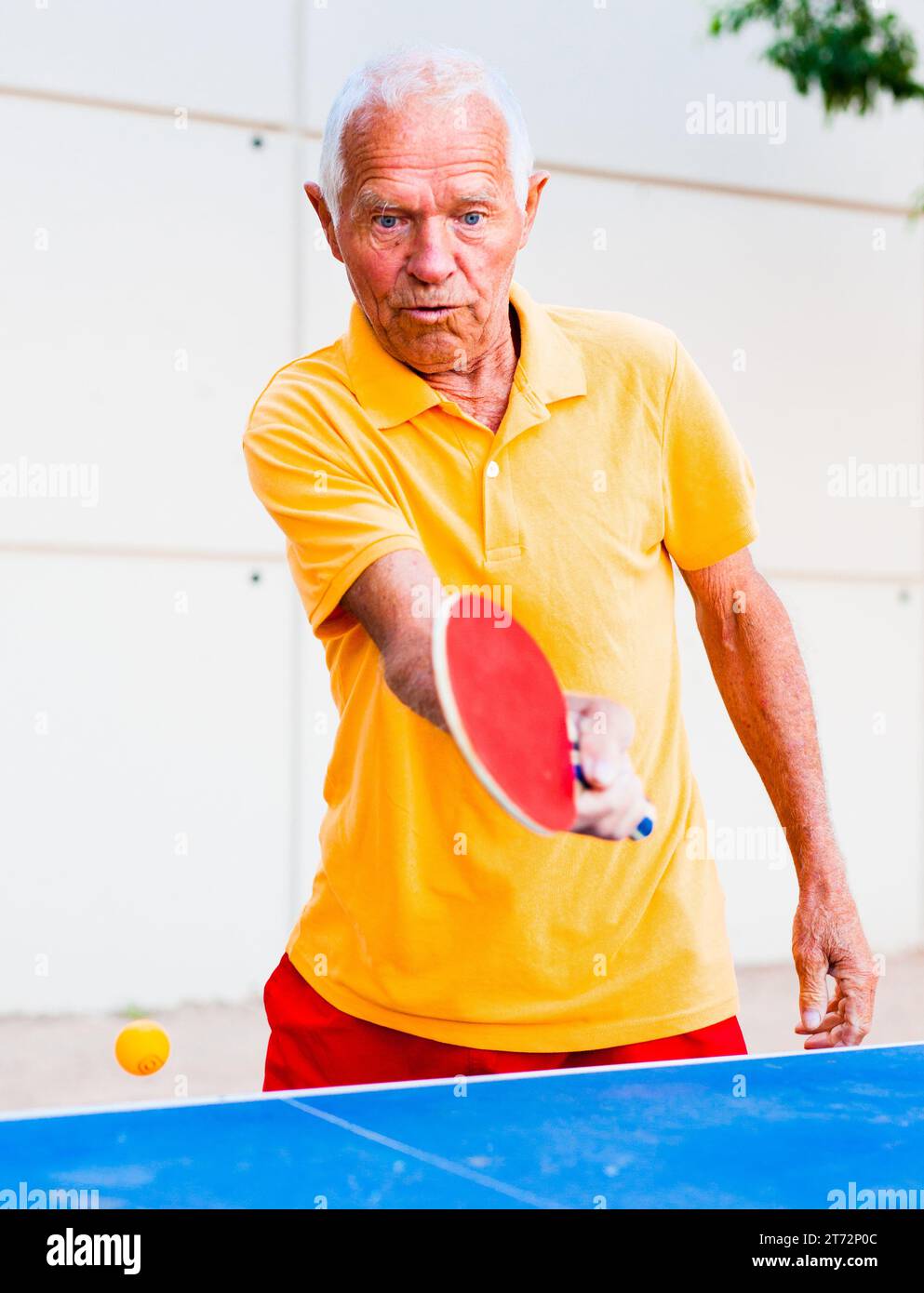 Elderly man with rackets for table tennis Stock Photo - Alamy