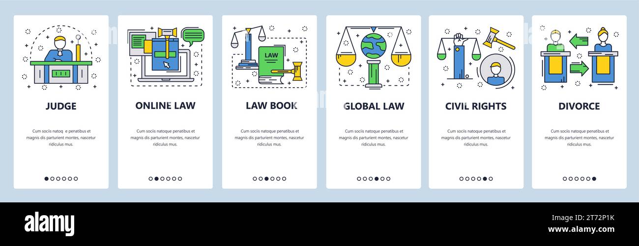 Web site onboarding screens. Court and legal system, civil rights ...