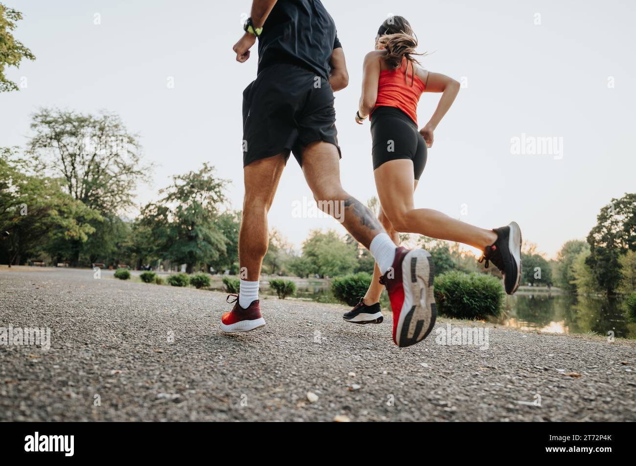 A fit couple trains together in the park, running and jogging Stock ...