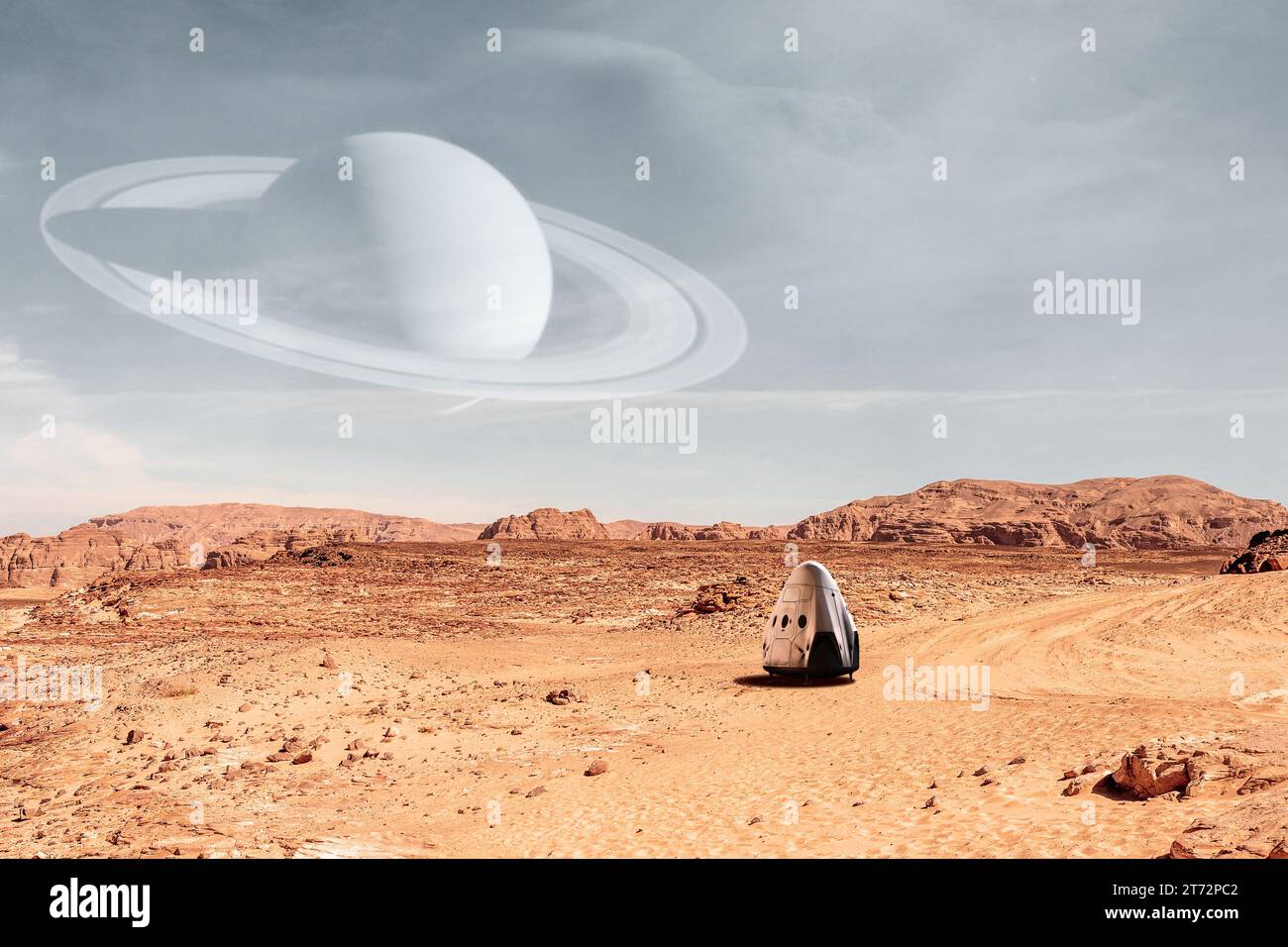 Cargo spacecraft on surface of Mars planet. Elements of this image ...