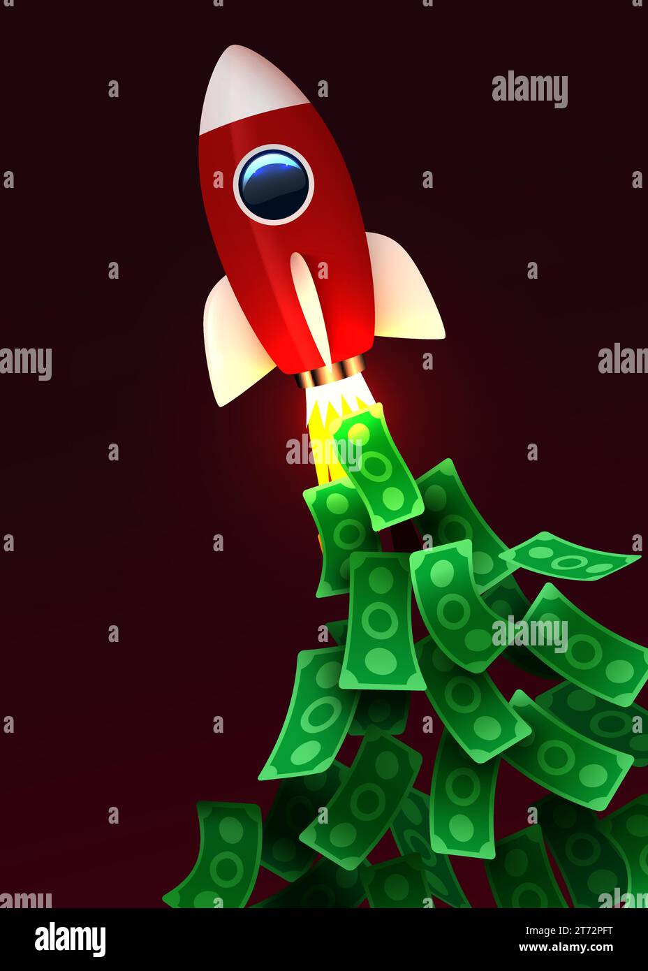 Rocket launching with smoke and dollar flying money. Business start-up ...