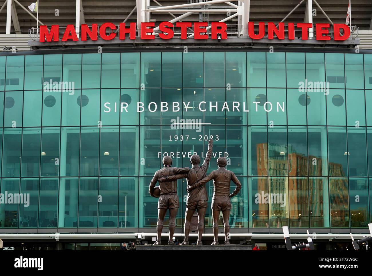 A view of The United Trinity Statue of Sir Bobby Charlton, Denis Law ...